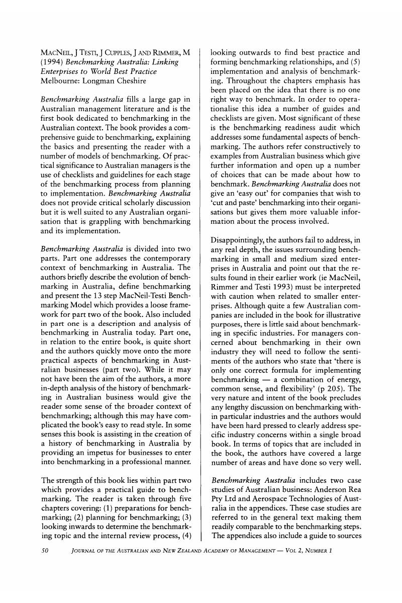 J MacNeil J Testi J Cupples and M Rimmer (1994) Benchmarking Australia ...