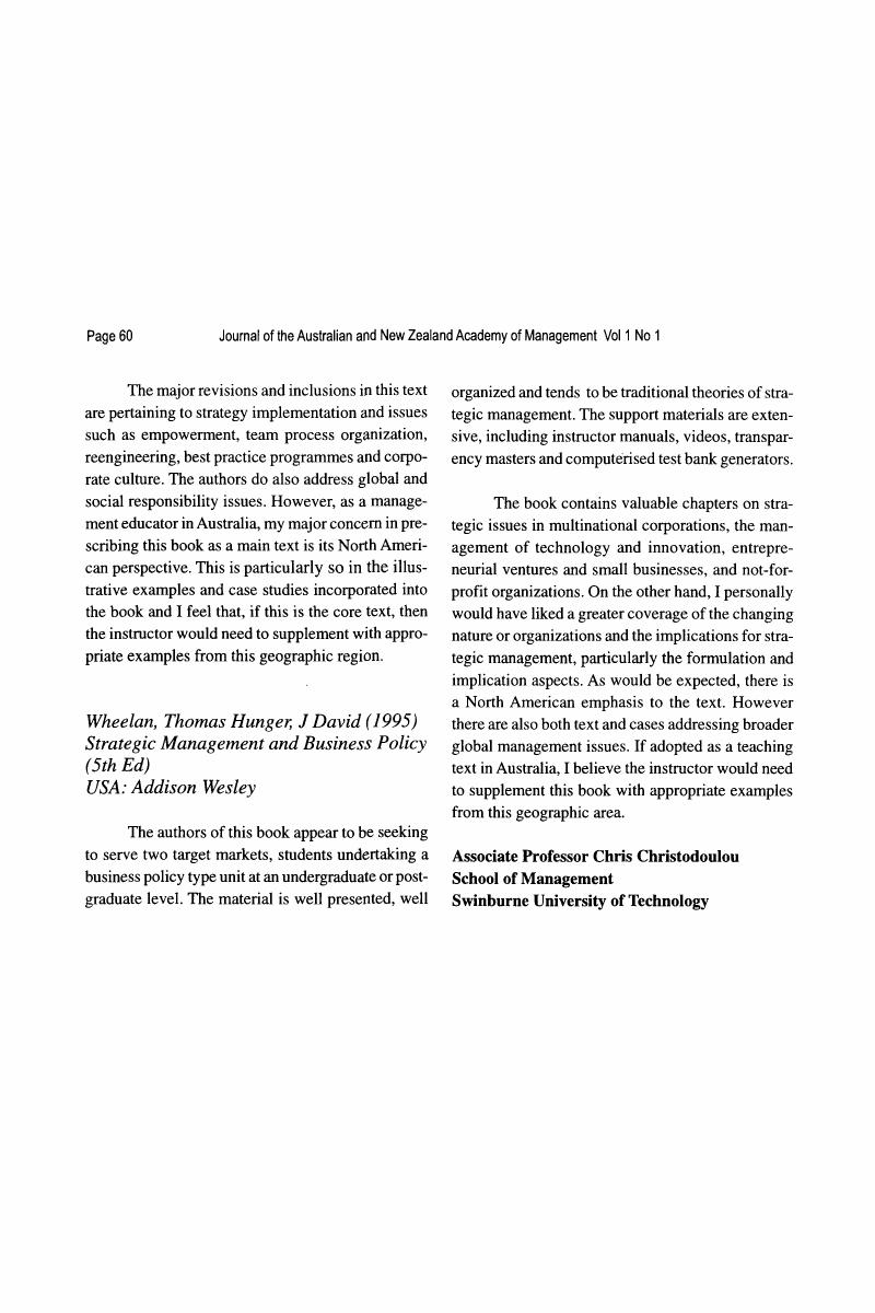 Thomas Wheelan J David Hunger (1995) Strategic Management and Business ...