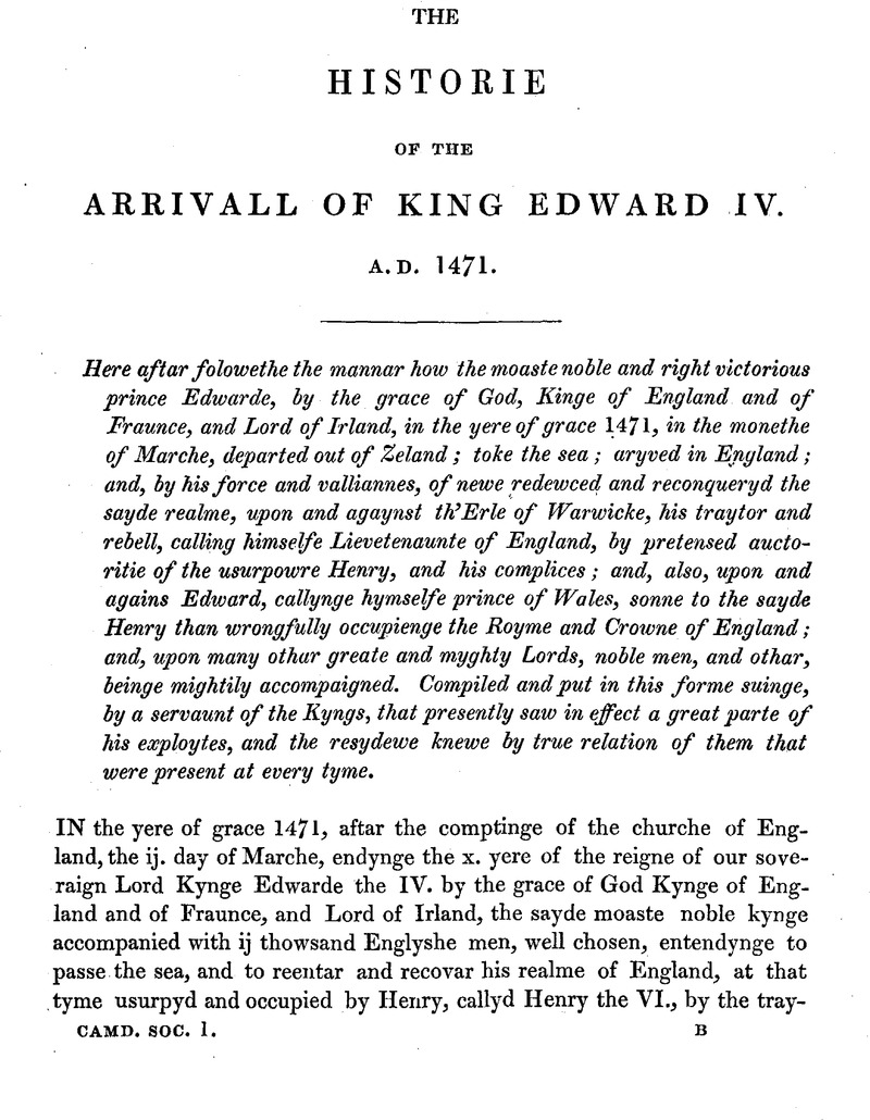 The Historie of the Arrival of King Edward IV. A.D. 1471 | Camden Old ...