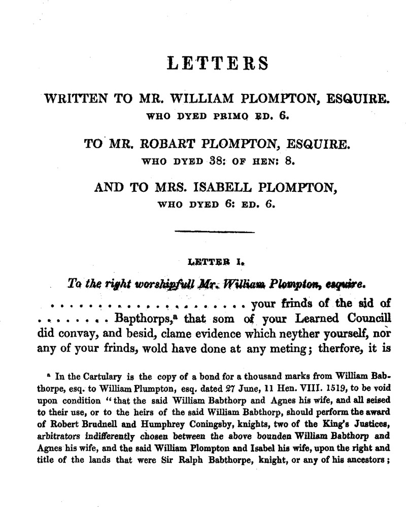 Letters Written to Mr. William Plompton, esquire. who dyed primo Ed. 6 ...