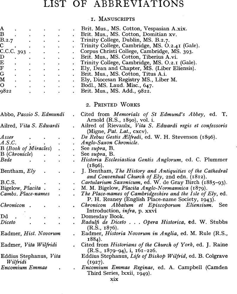 List of Abbreviations | Camden Third Series | Cambridge Core