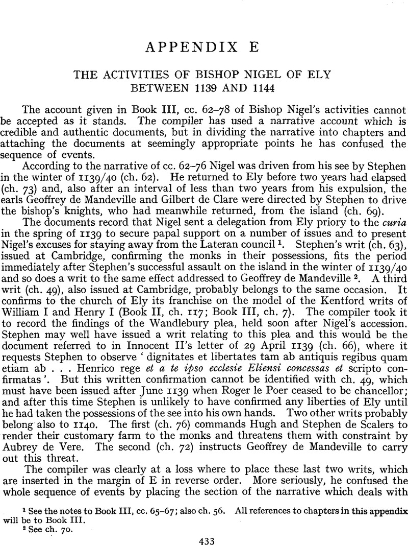 Appendix E: The Activities of Bishop Nigel of Ely Between 1139 and 1144 ...