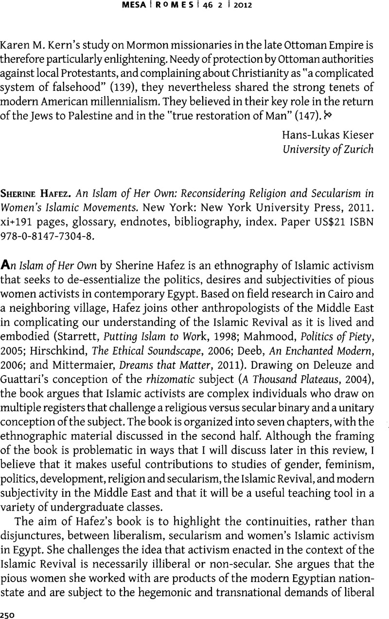 Sherine Hafez. An Islam of Her Own: Reconsidering Religion and ...