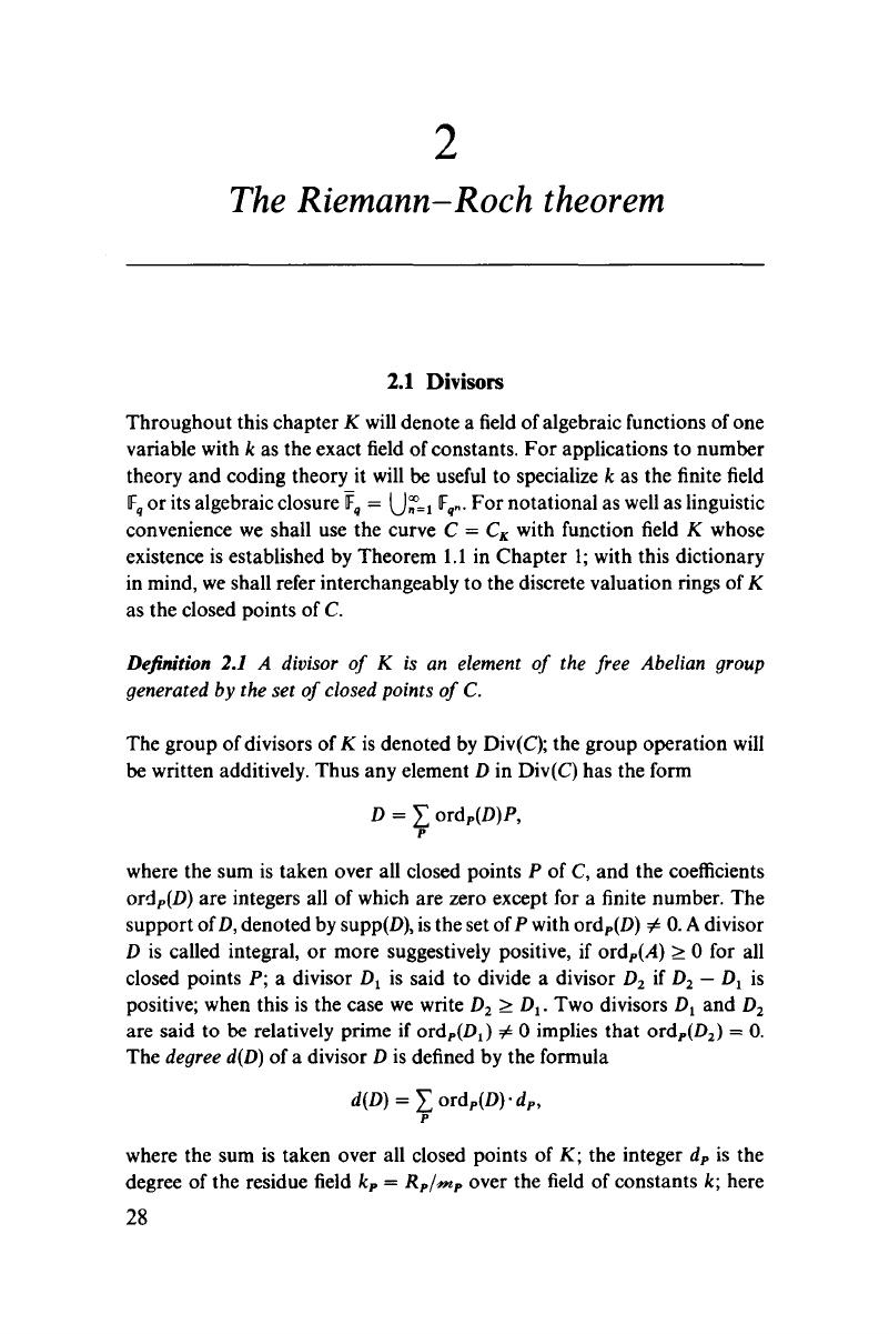 The Riemann Roch Theorem Chapter 2 Algebraic Curves Over Finite Fields