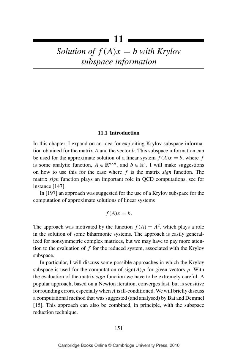 Solution of f (A)x = b with Krylov subspace information (Chapter 11 ... Solution of f (A)x = b with Krylov subspace information (Chapter 11 ...