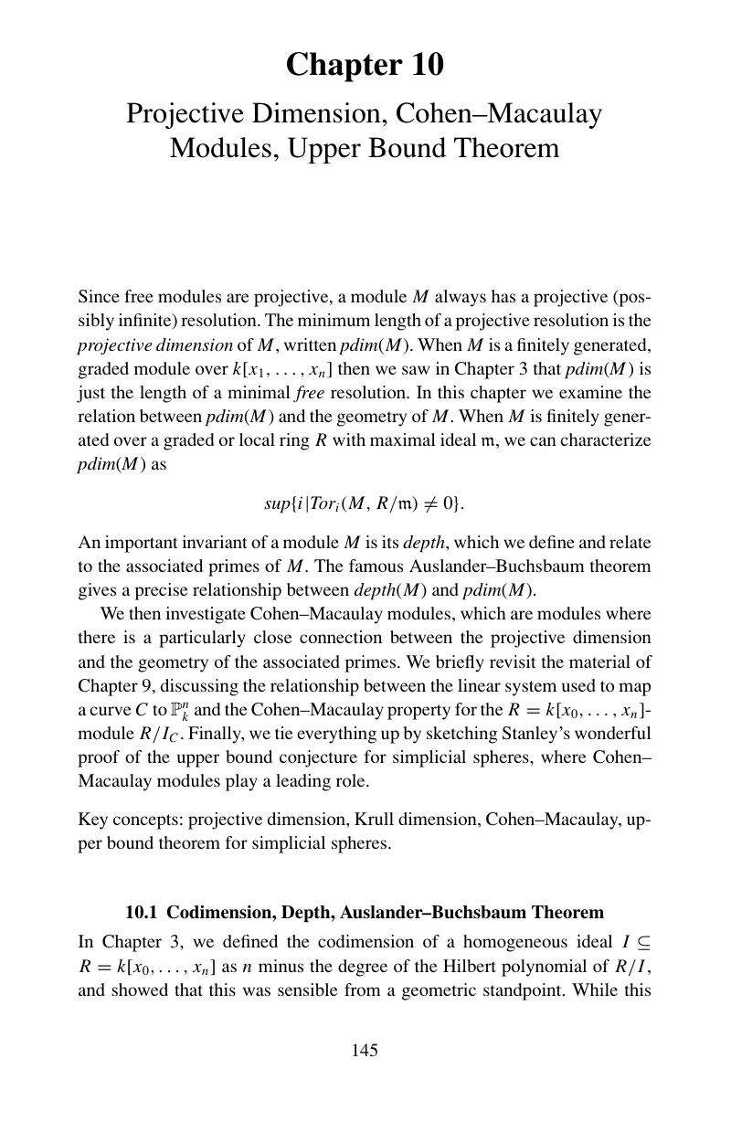 Projective Dimension Cohen Macaulay Modules Upper Bound Theorem Chapter 10 Computational