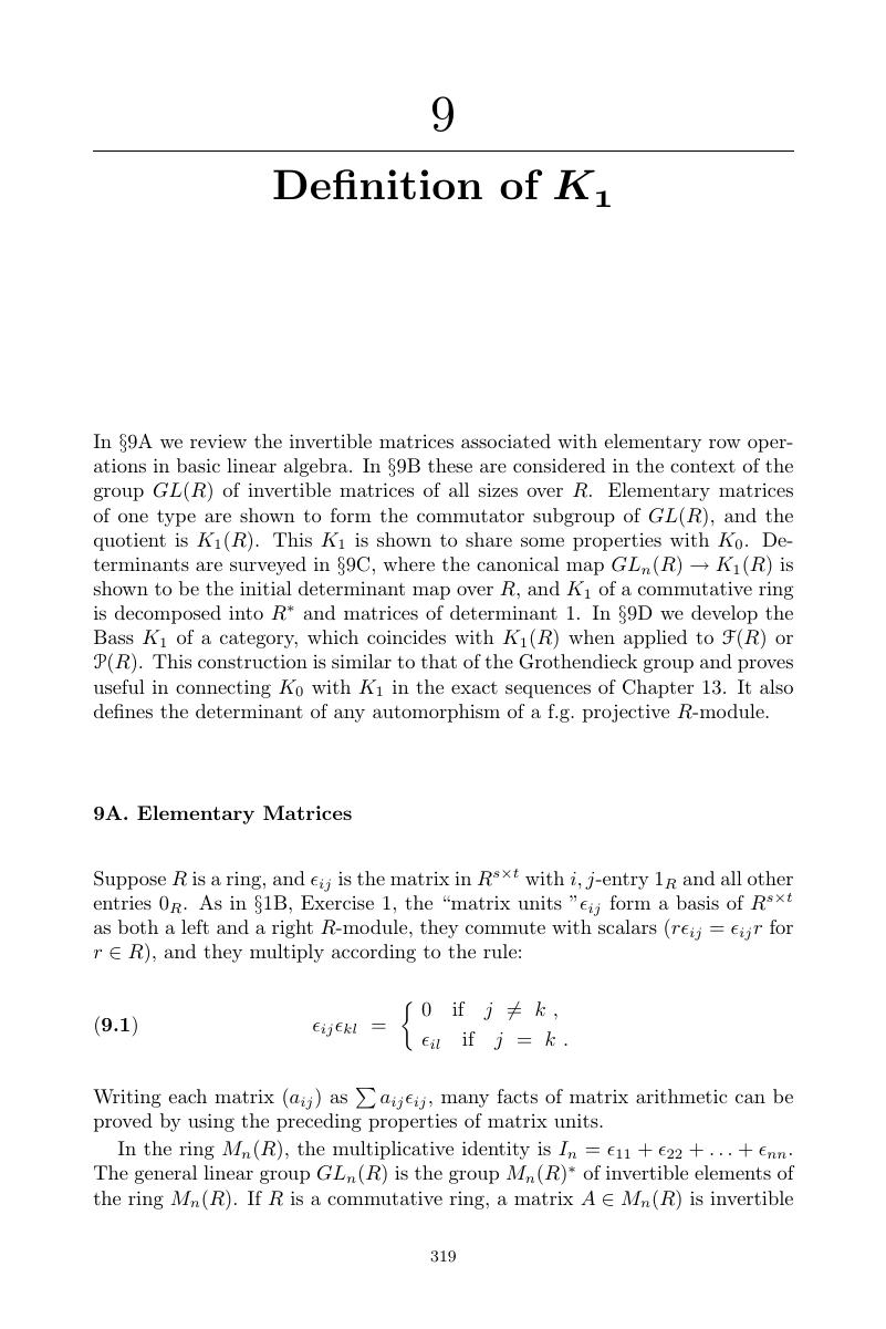Definition of K1 (Chapter 9) - An Algebraic Introduction to K-Theory