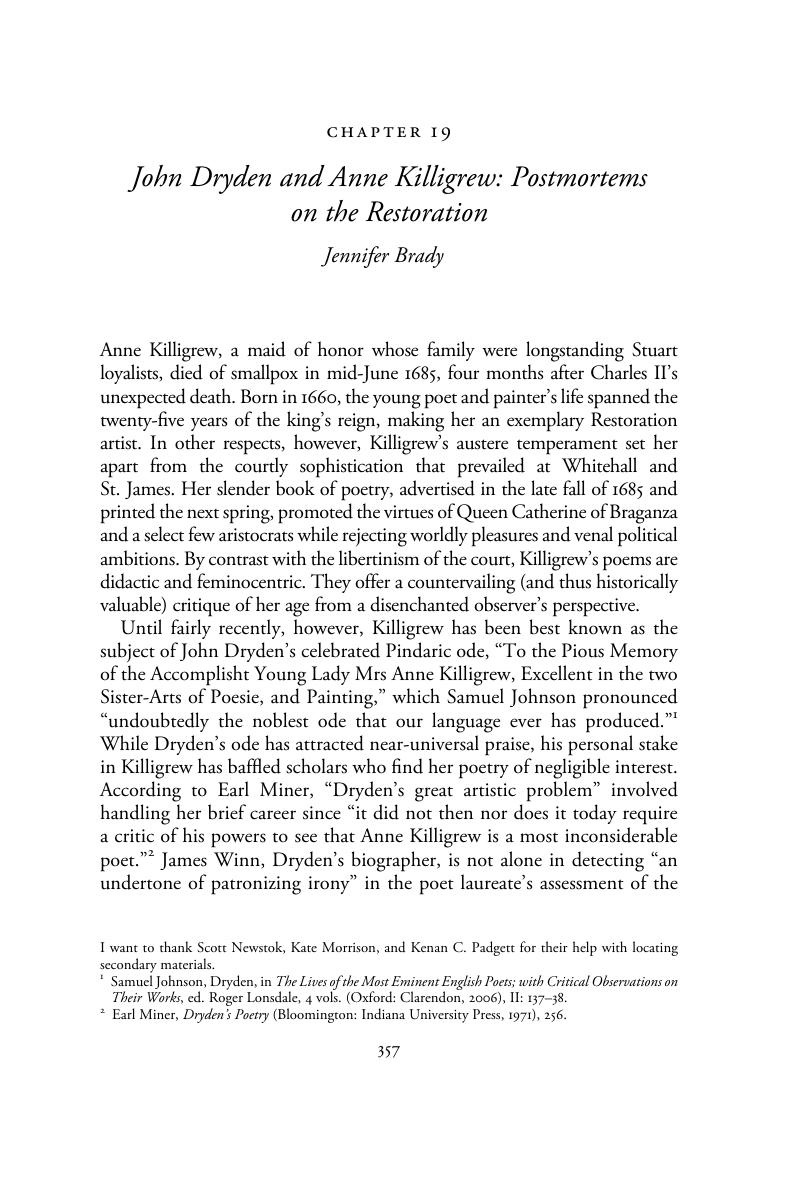 John Dryden and Anne Killigrew: Postmortems on the Restoration (Chapter ...