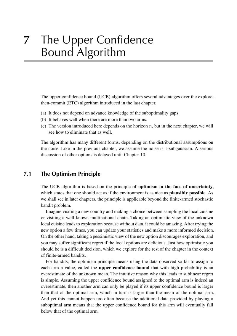 The Upper Confidence Bound Algorithm Chapter 7 Bandit Algorithms