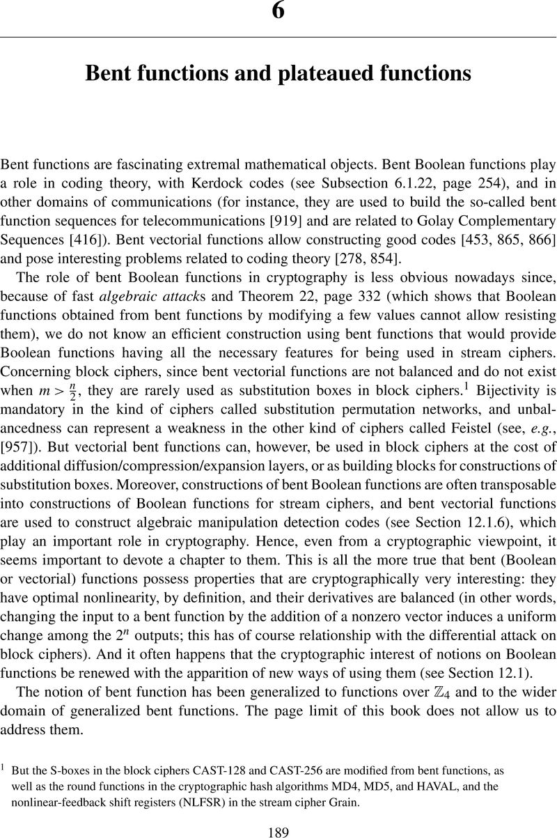Bent Functions And Plateaued Functions Chapter 6 Boolean Functions For Cryptography And