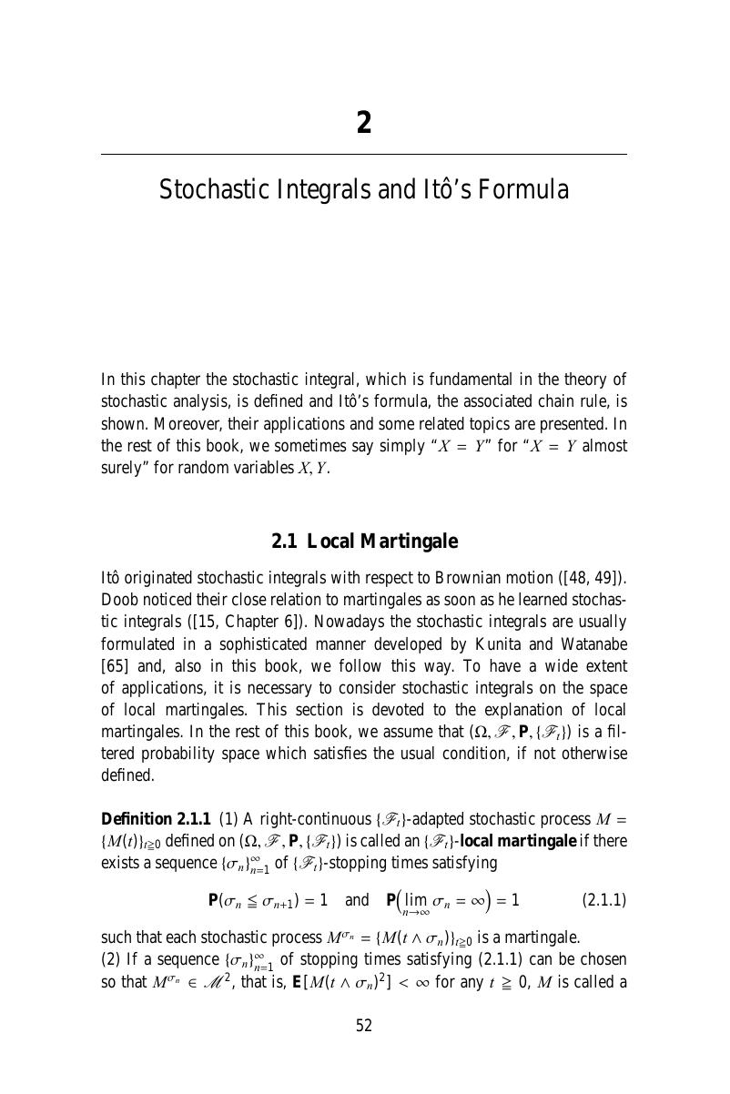 Stochastic Integrals And Itô S Formula Chapter 2 Stochastic Analysis