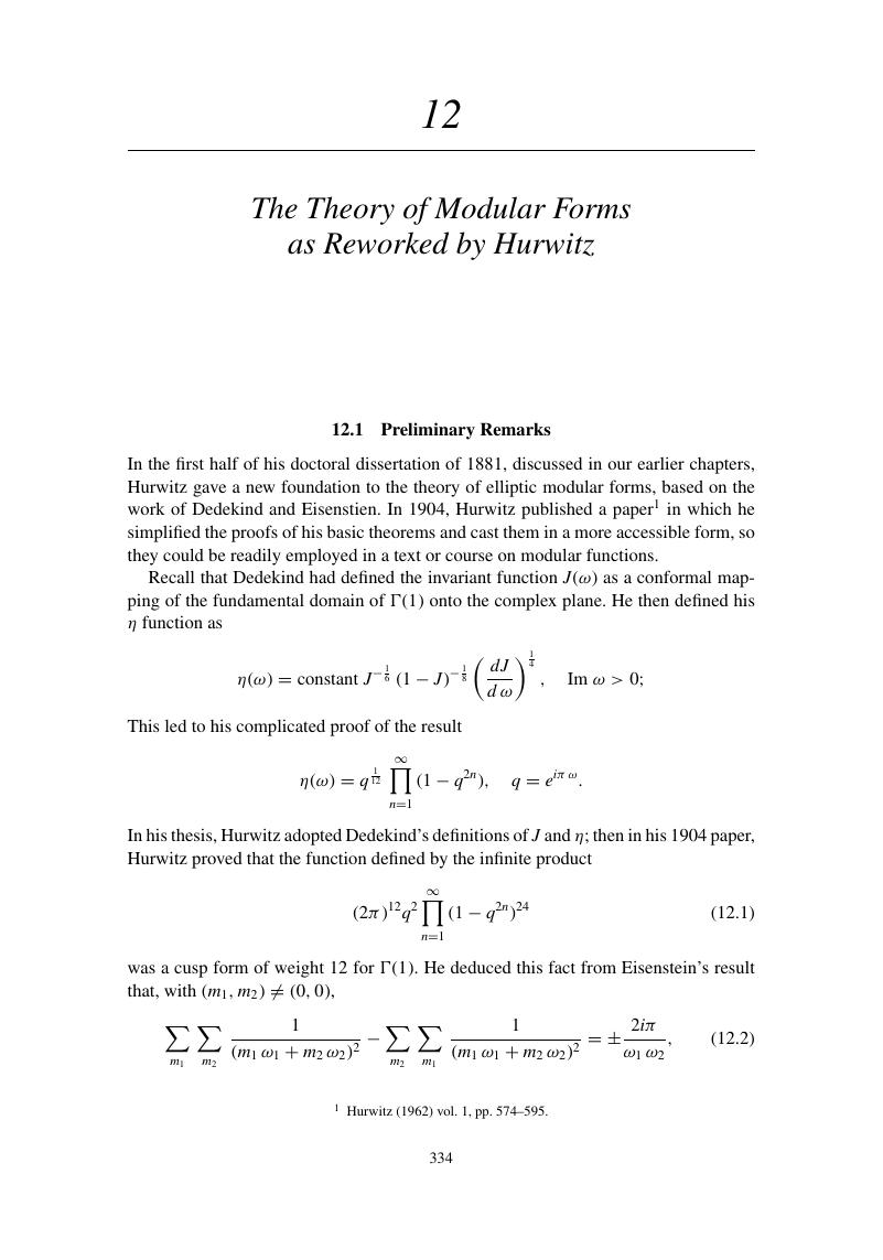 The Theory Of Modular Forms As Reworked By Hurwitz Chapter 12 Elliptic And Modular Functions